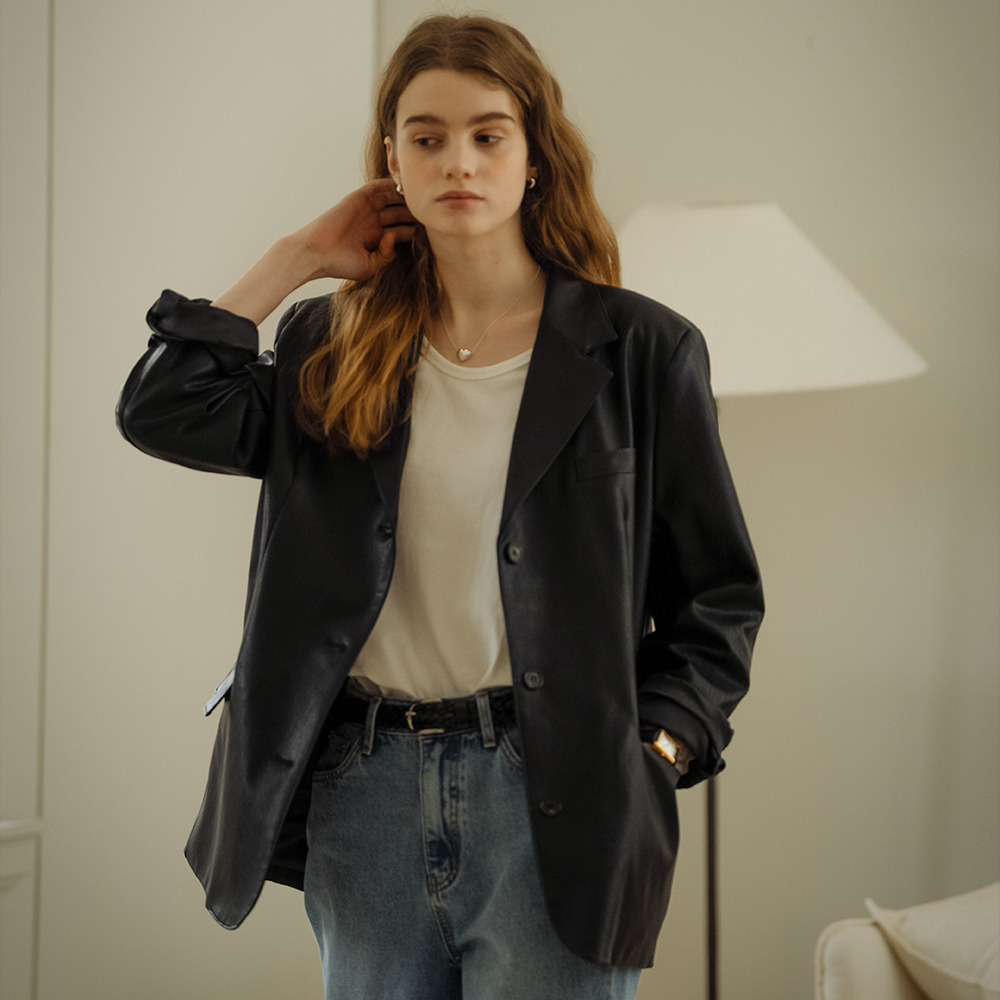 Faux leather classic three button single jacket_Black - HAGO(하고)