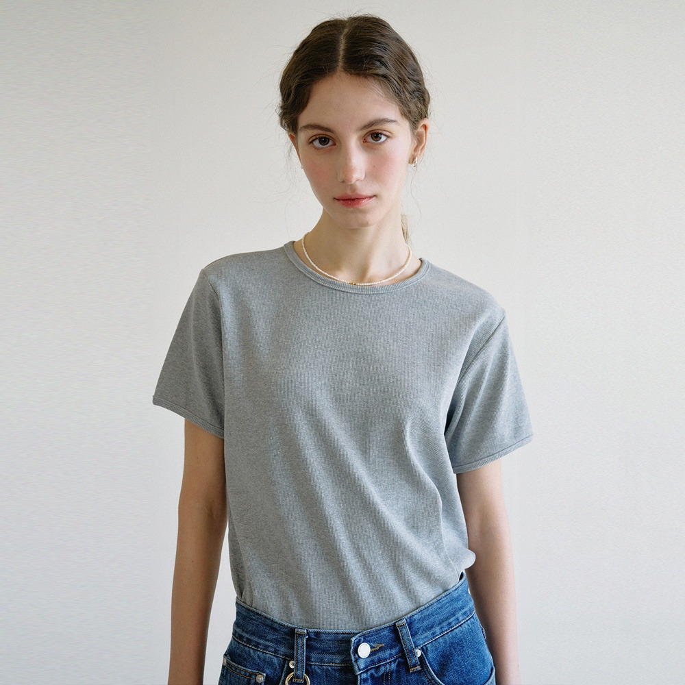 Basic Ribbed Half Sleeve Tshirt_Gray Melange - HAGO(하고)