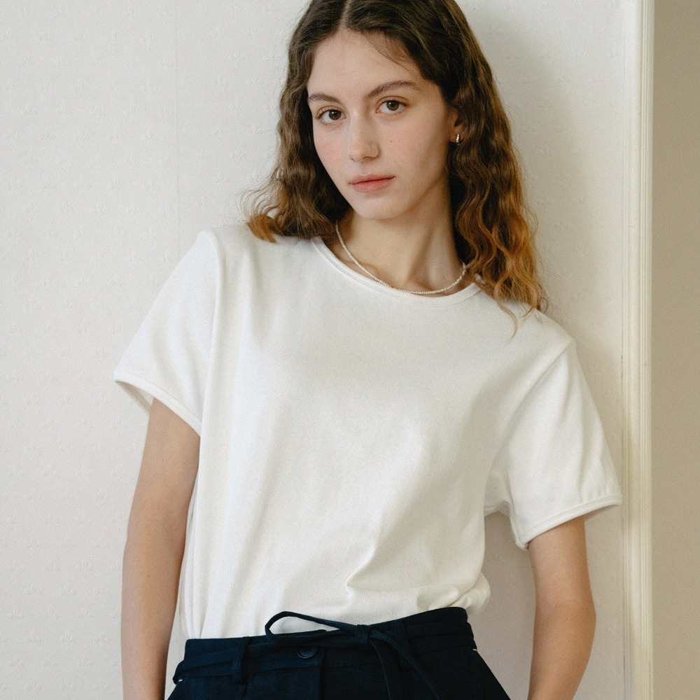 Basic Ribbed Half Sleeve Tshirt_Off White - HAGO(하고)