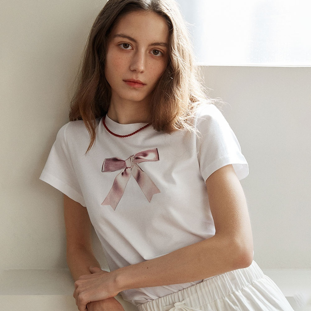 RIBBON PRINTING T-SHIRT_WHITE - HAGO(하고)