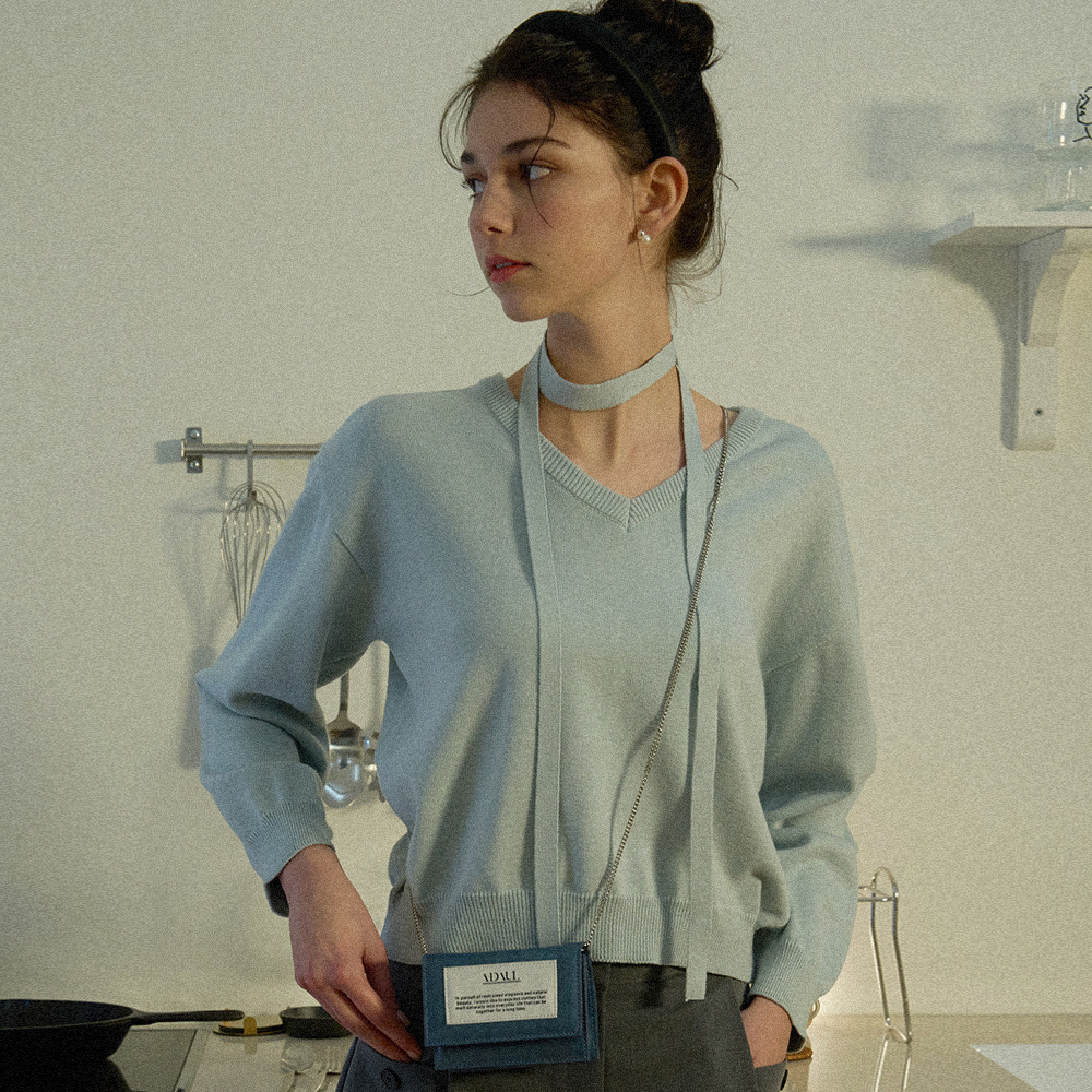 Pale v neck ribbon choker knit - bluegrey - HAGO(하고)
