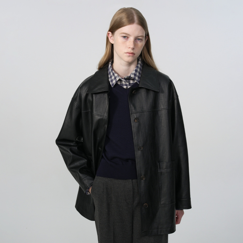 half leather jacket - black - 하고