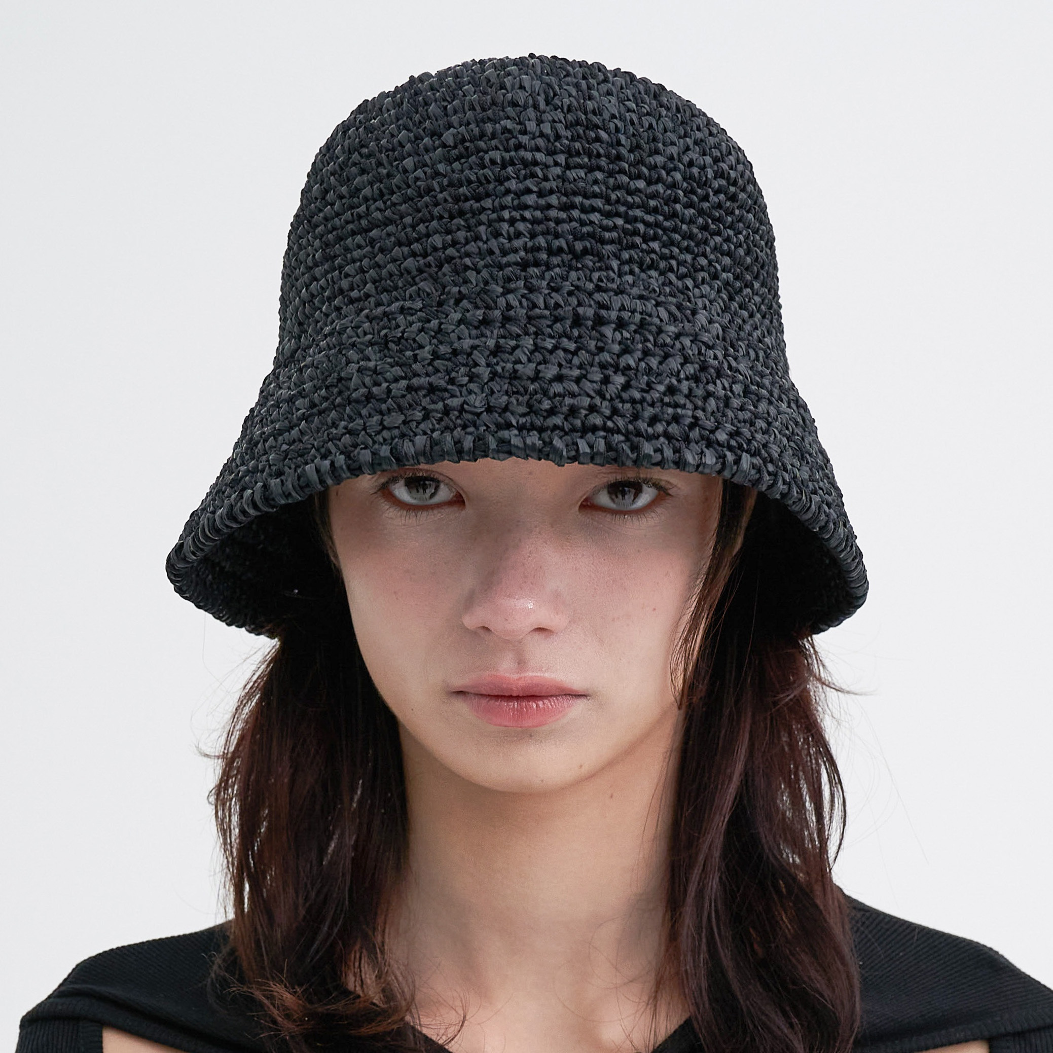 Knitting Straw Bonnet Hat - Black - 하고(HAGO)