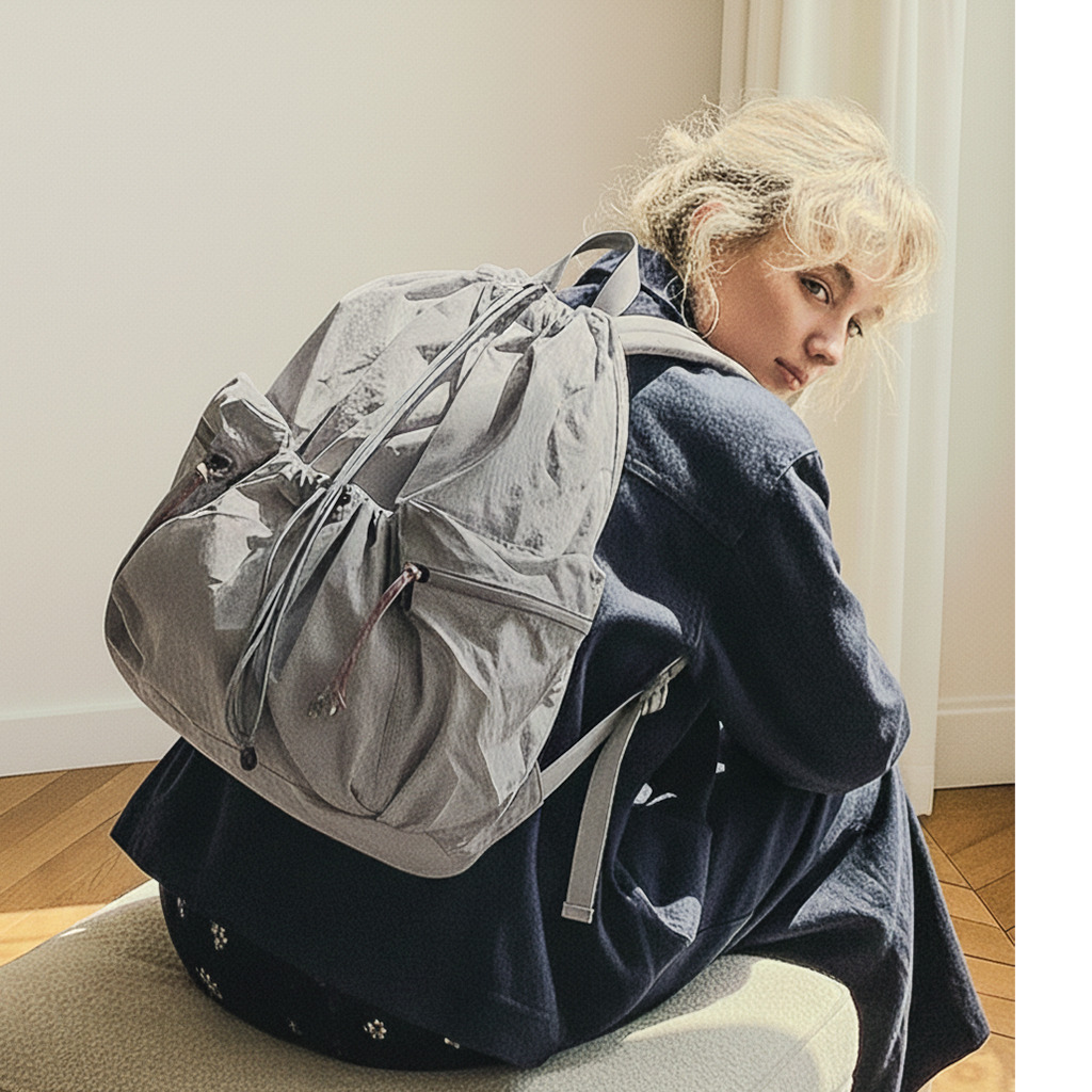 드로스트링 나일론 백팩 럭색 라이트 그레이 Drawstring nylon backpack rucksack Light grey - 하고(HAGO)