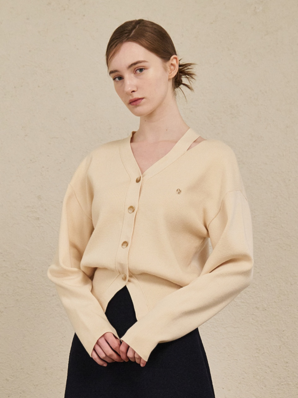 V-Neck Cut Out Cardigan - Beige - 하고(HAGO)