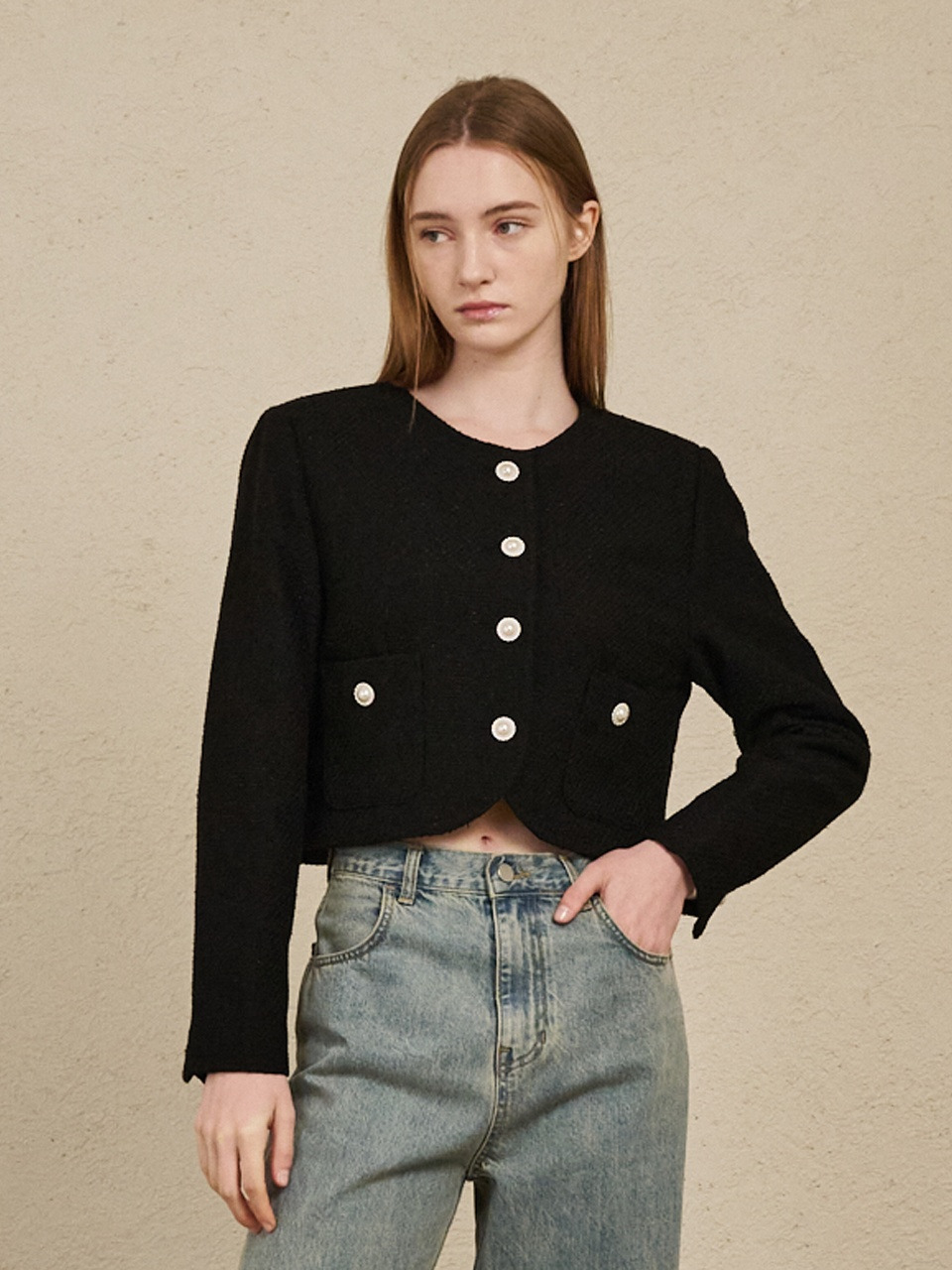 Tweed Pearl Button Jacket - Black - HAGO(하고)
