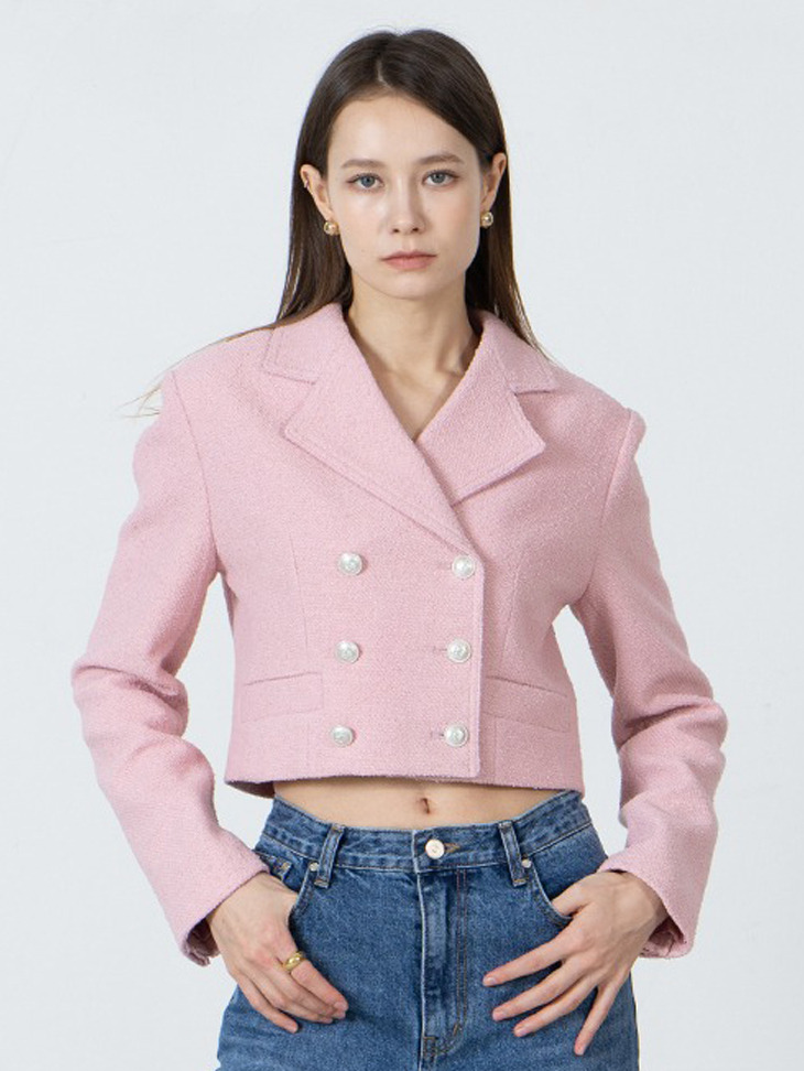 Cropped double-breasted tweed jacket - pink - HAGO(하고)