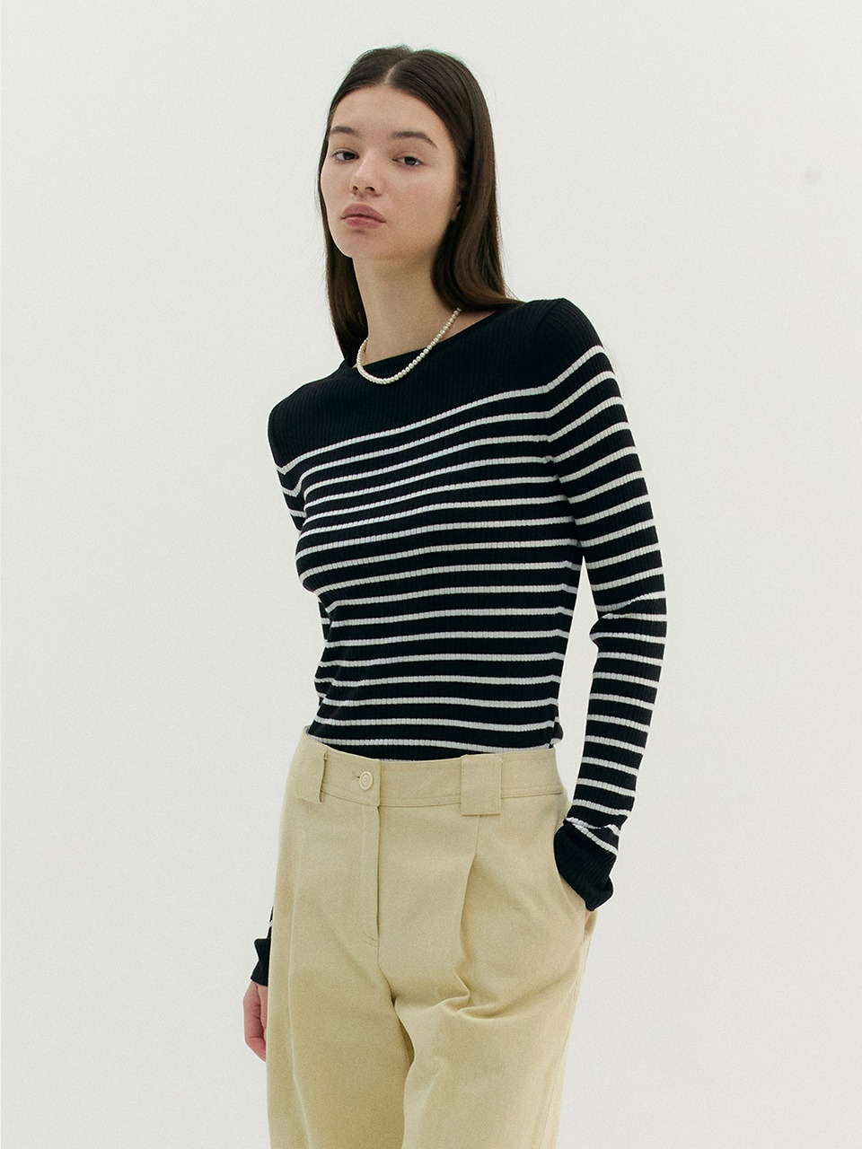 SEMI BOAT-NECK STRIPE PULLOVER (black stripe) - HAGO(하고)