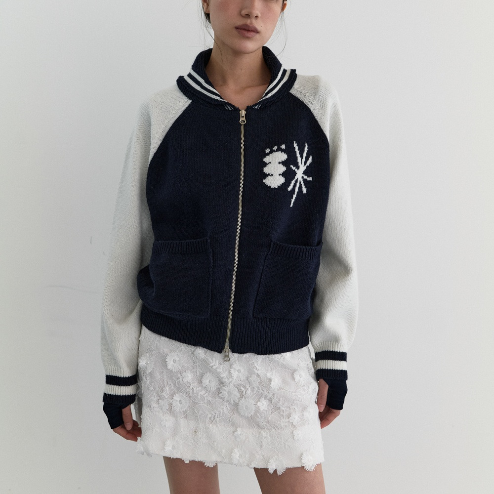 VARSITY KNIT CARDIGAN_NAVY - 하고(HAGO)