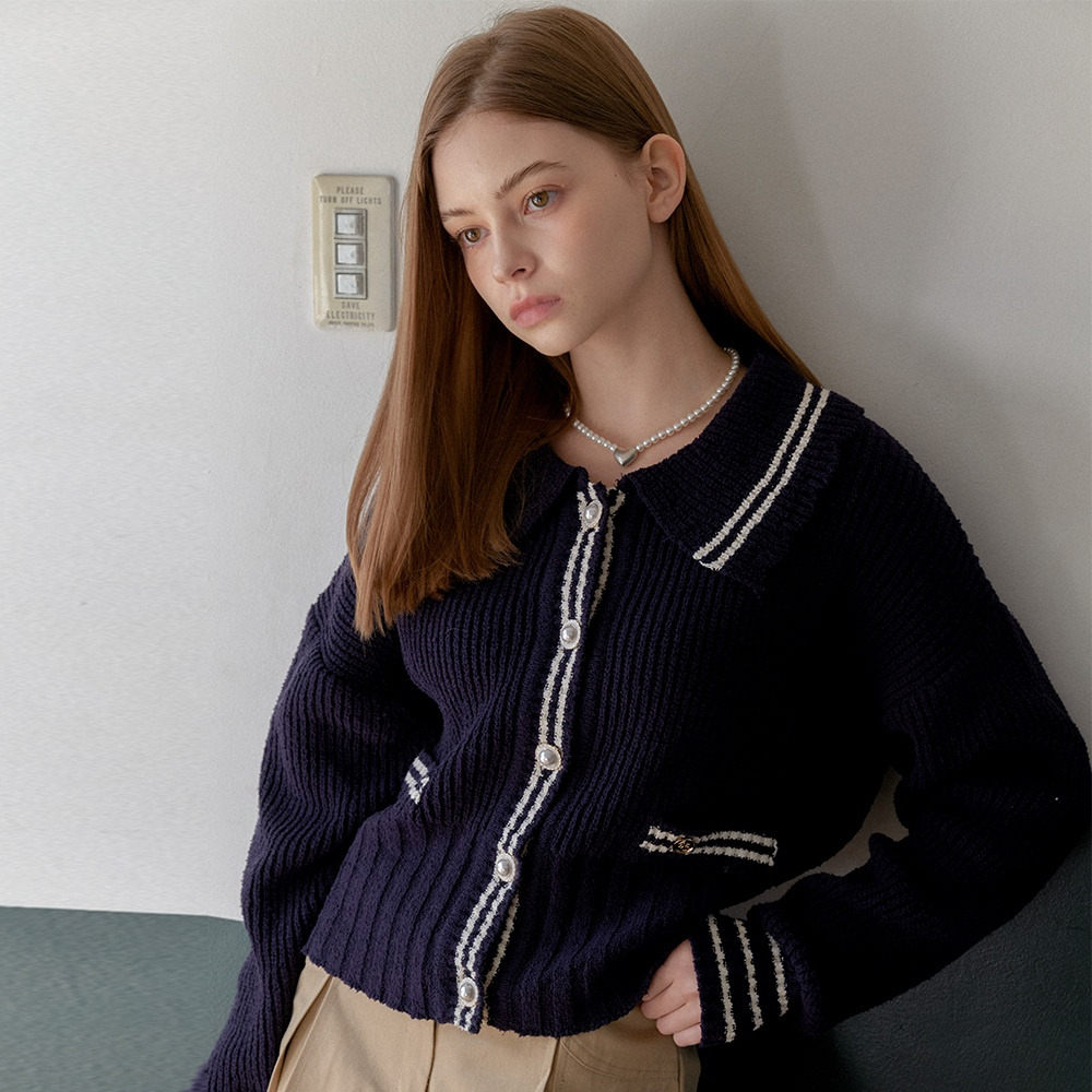 COMBI COLLAR KNIT CARDIGANN_NAVY - HAGO(하고)