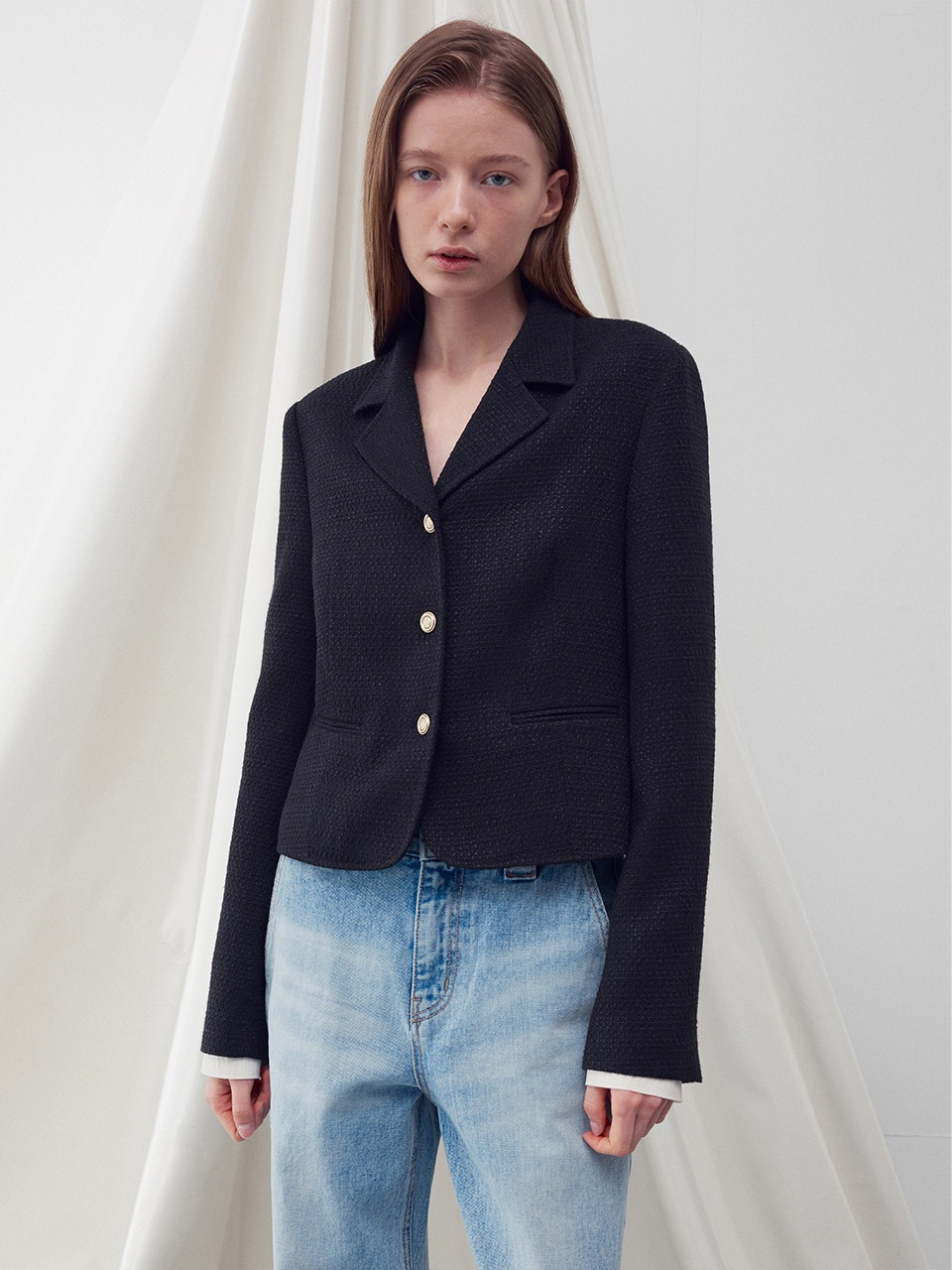 SINGLE-BREASTED TWEED JACKET BLACK - 하고(HAGO)