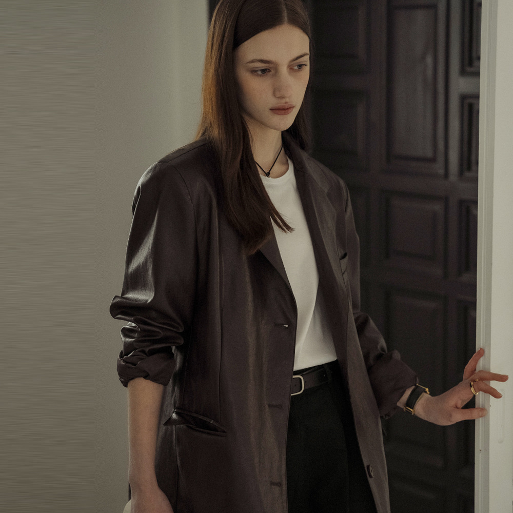 Faux leather classic three button single jacket_Brown - HAGO(하고)