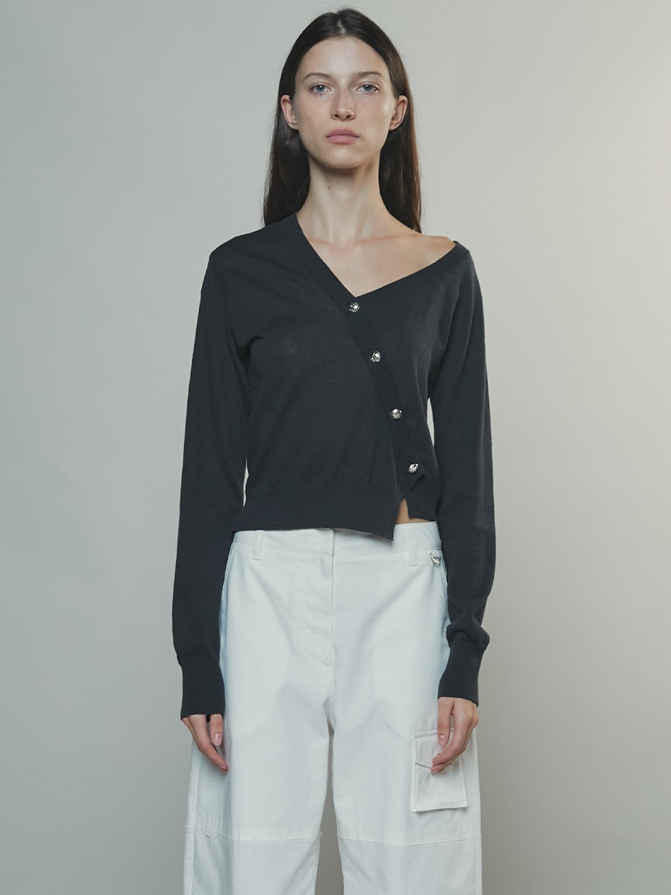 OFF SHOULDER COTTON CARDIGAN - DARK GREY - 하고(HAGO)