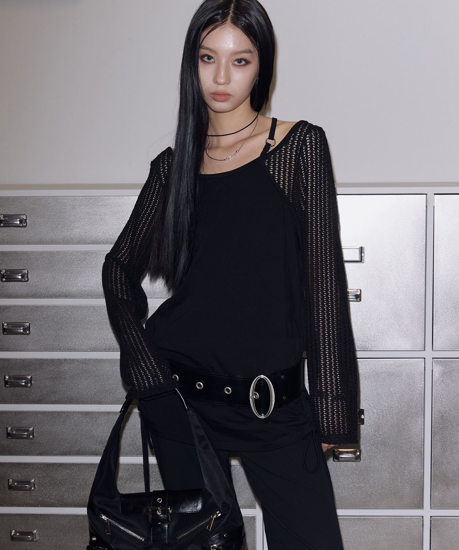 Net Layered Long Sleeve Top (BLACK) - 하고