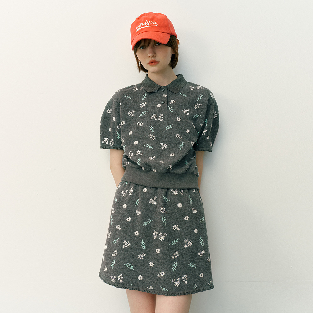 [SET]노튼스 플로럴 자카드 티셔츠 + 카라타 플로럴 자카드 미니 스커트 (Charcoal/Deep blue) - 하고(HAGO)