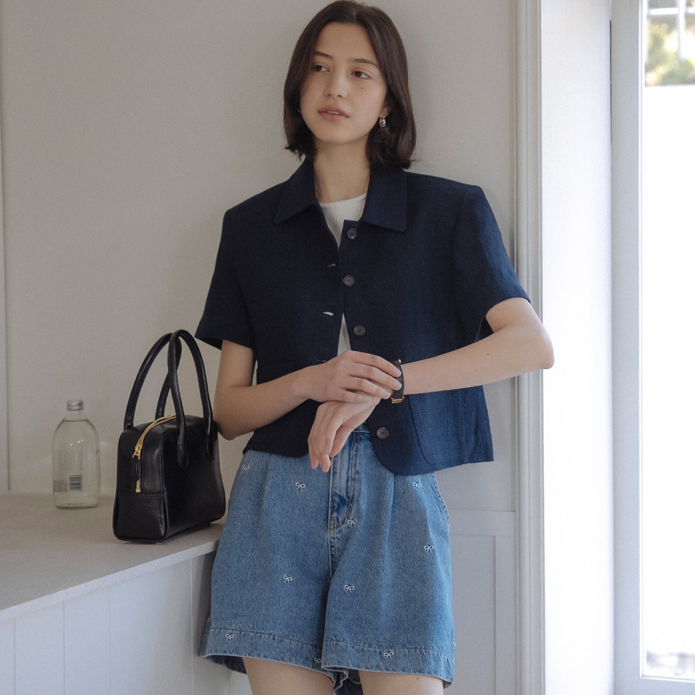 Check linen half sleeve jacket_Navy - 하고(HAGO)