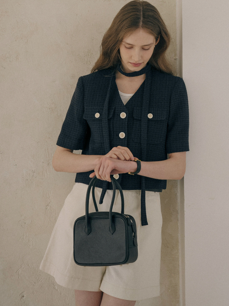 Strap v-neck half tweed jacket_Navy - 하고(HAGO)