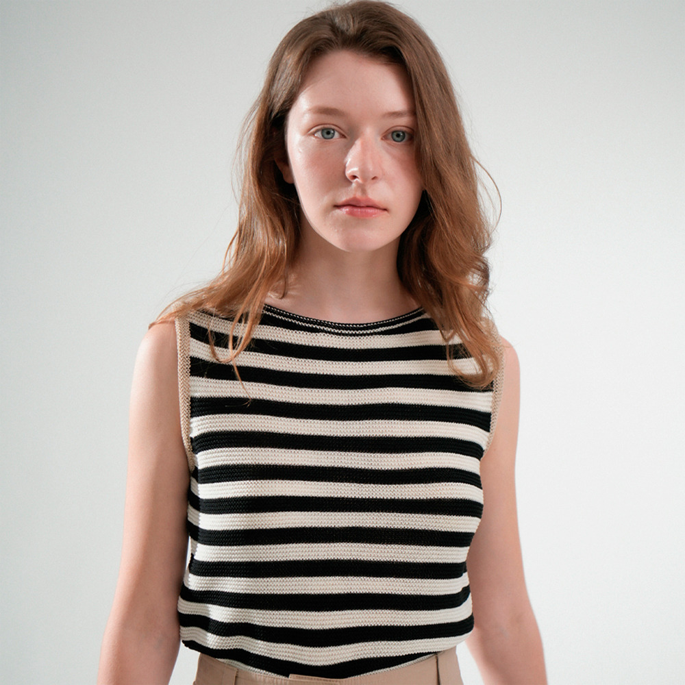 Boat-neck Stripe Knit Sleeveless (Black) - 하고(HAGO)