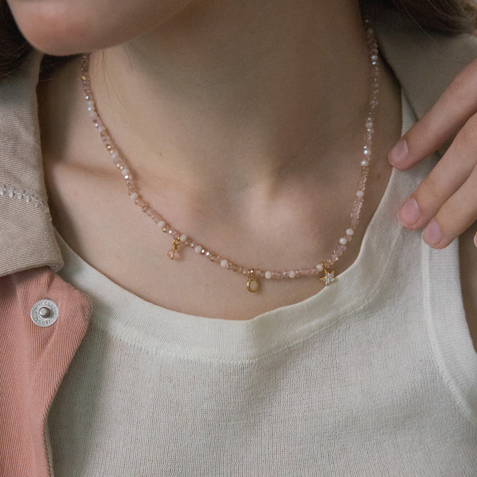 Shiny peach crystal necklace - 하고
