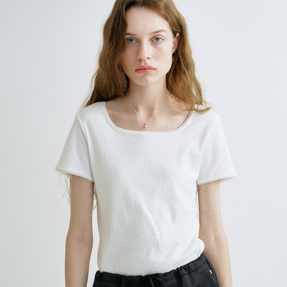 S Lace Square Neck Tshirt_White - HAGO(하고)