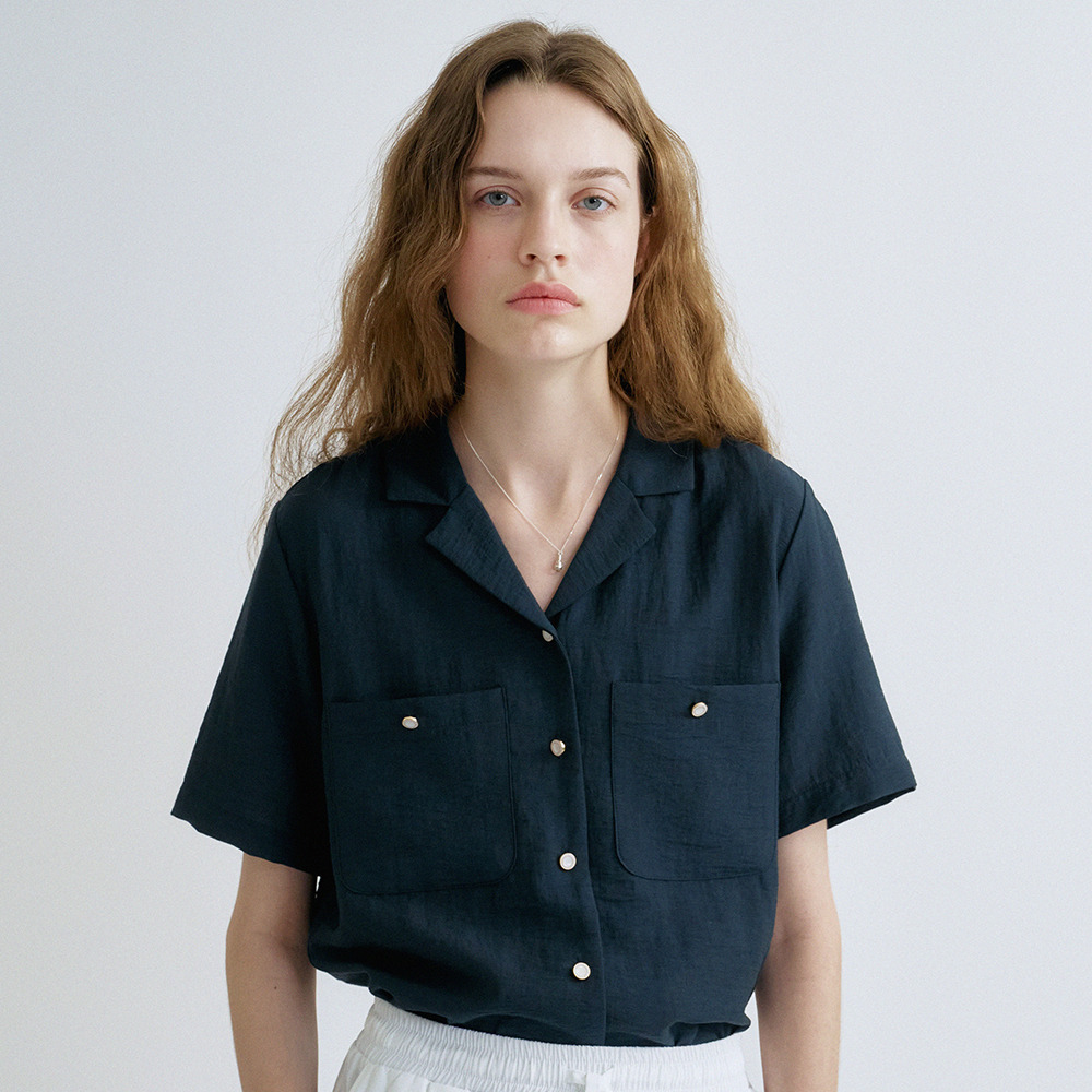 S Linen Open Collar Shirt_Dark Navy - HAGO(하고)
