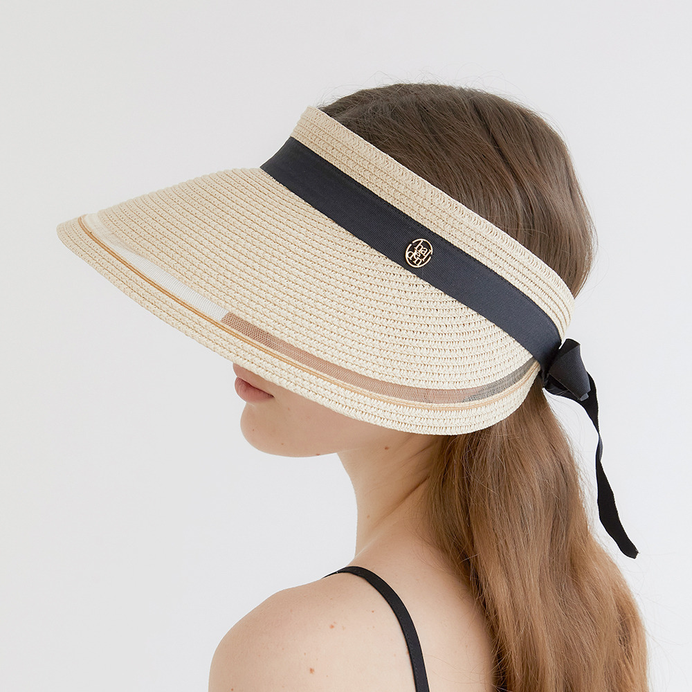 mesh ribbon logo pendant raffia sun visor (C008_ivory) - 하고