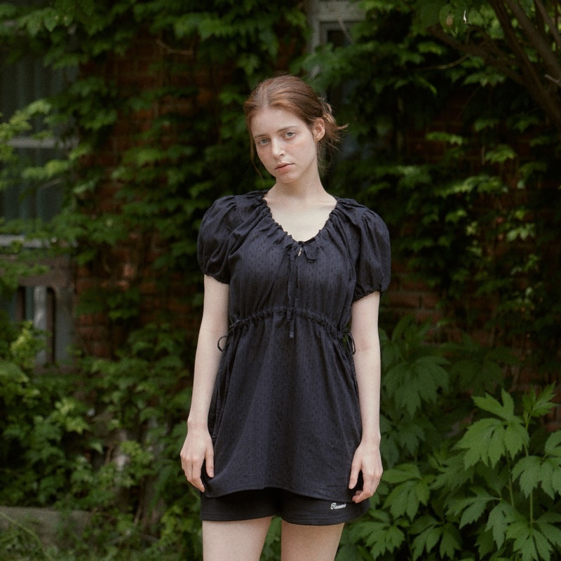 Ribbon Shirring Mini Onepiece (Black) - HAGO(하고)