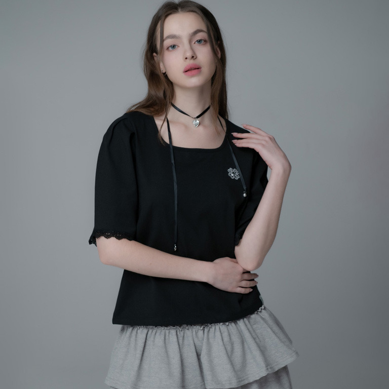 CLOVER SQUARENECK LACE TSHIRT-BLACK - HAGO(하고)