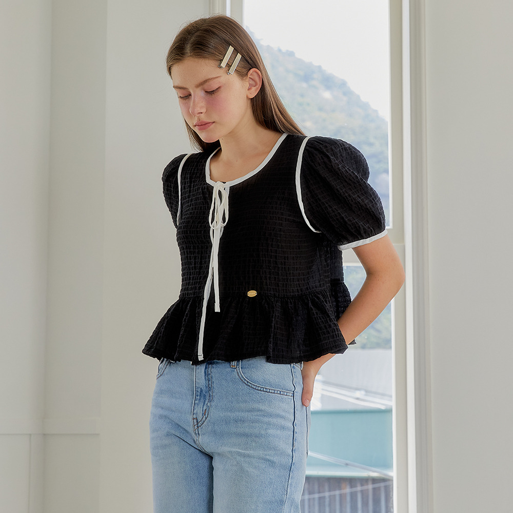 ANC WAVE RIBBON PUFF BLOUSE_BLACK - HAGO(하고)