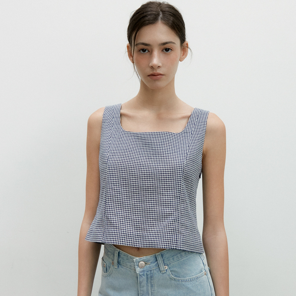 GLAM CHECK BACK BUTTON TOP_NAVY - HAGO(하고)