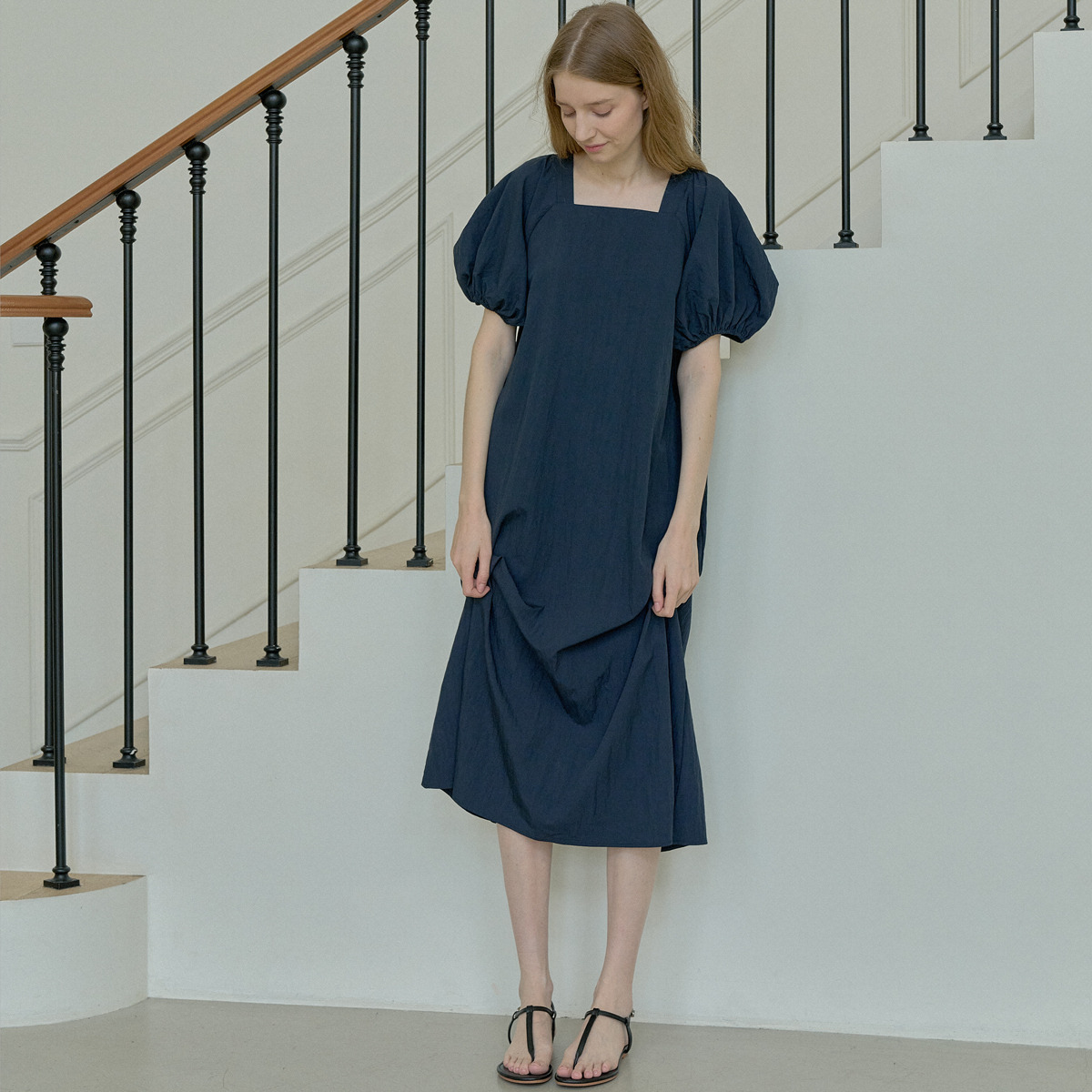 Square Neck Puff Long Dress - NAVY - 하고