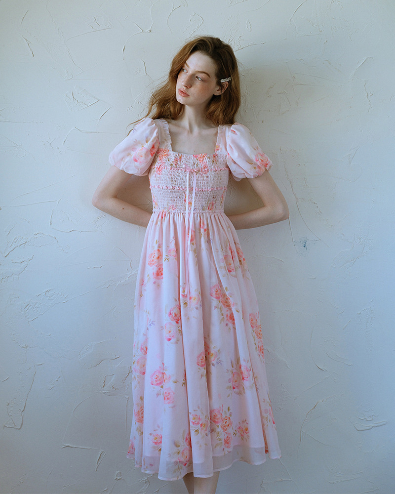 [22%쿠폰]Cest_Pink rose puff sleeve dress - HAGO(하고)