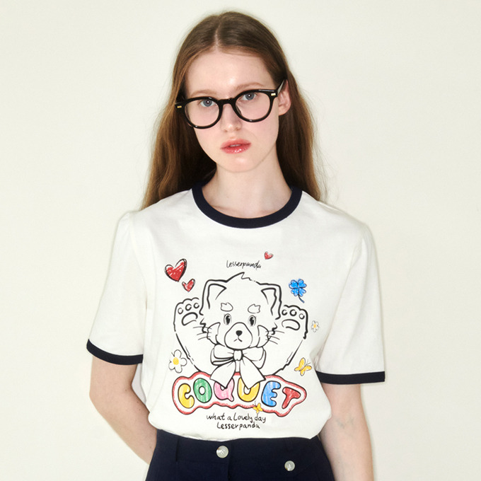 [WOMAN] PURE-HEARTED COMIC FACE LESSER PANDA RINGER T CREAM - HAGO(하고)