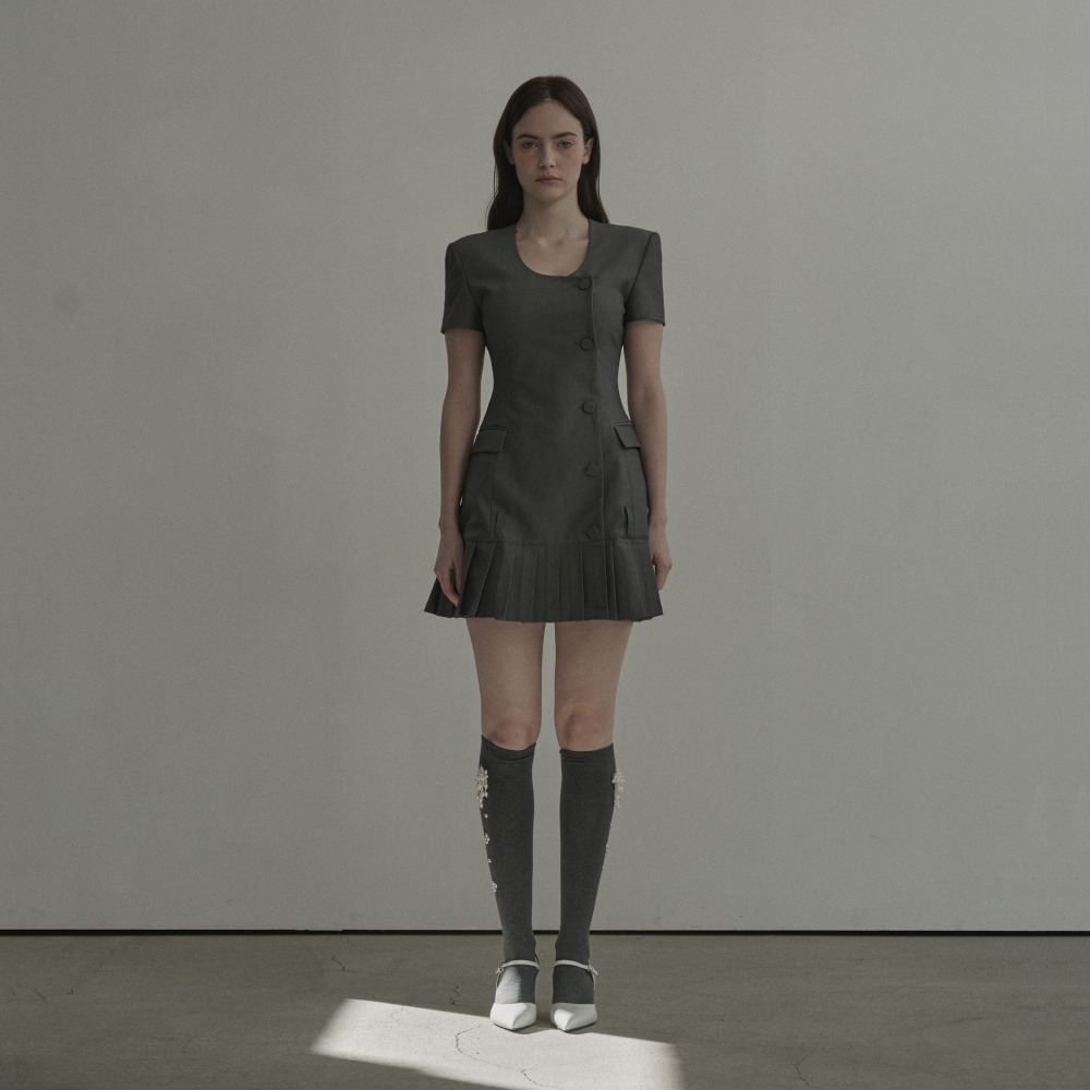 Jenn round neck pleated half sleeve suit jacket dress - Grey - 하고(HAGO)