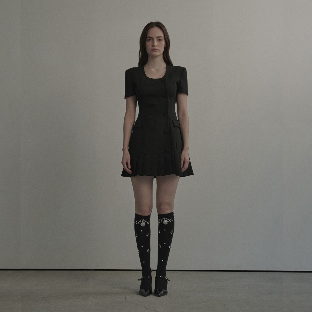 [3/14 예약발송] Jenn Round Neck Pleated Half Sleeve Suit Jacket Dress-Black ...