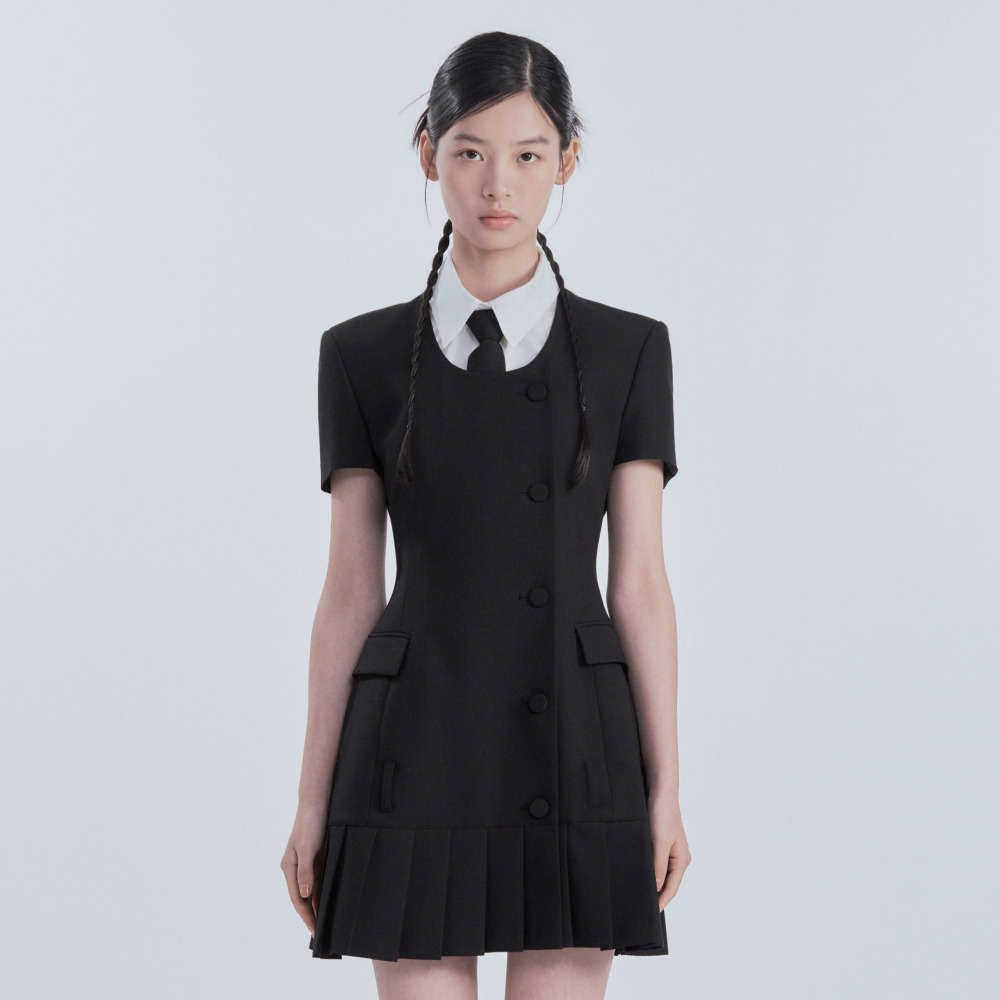 Jenn Round Neck Pleated Half Sleeve Suit Jacket Dress-Black - HAGO(하고)
