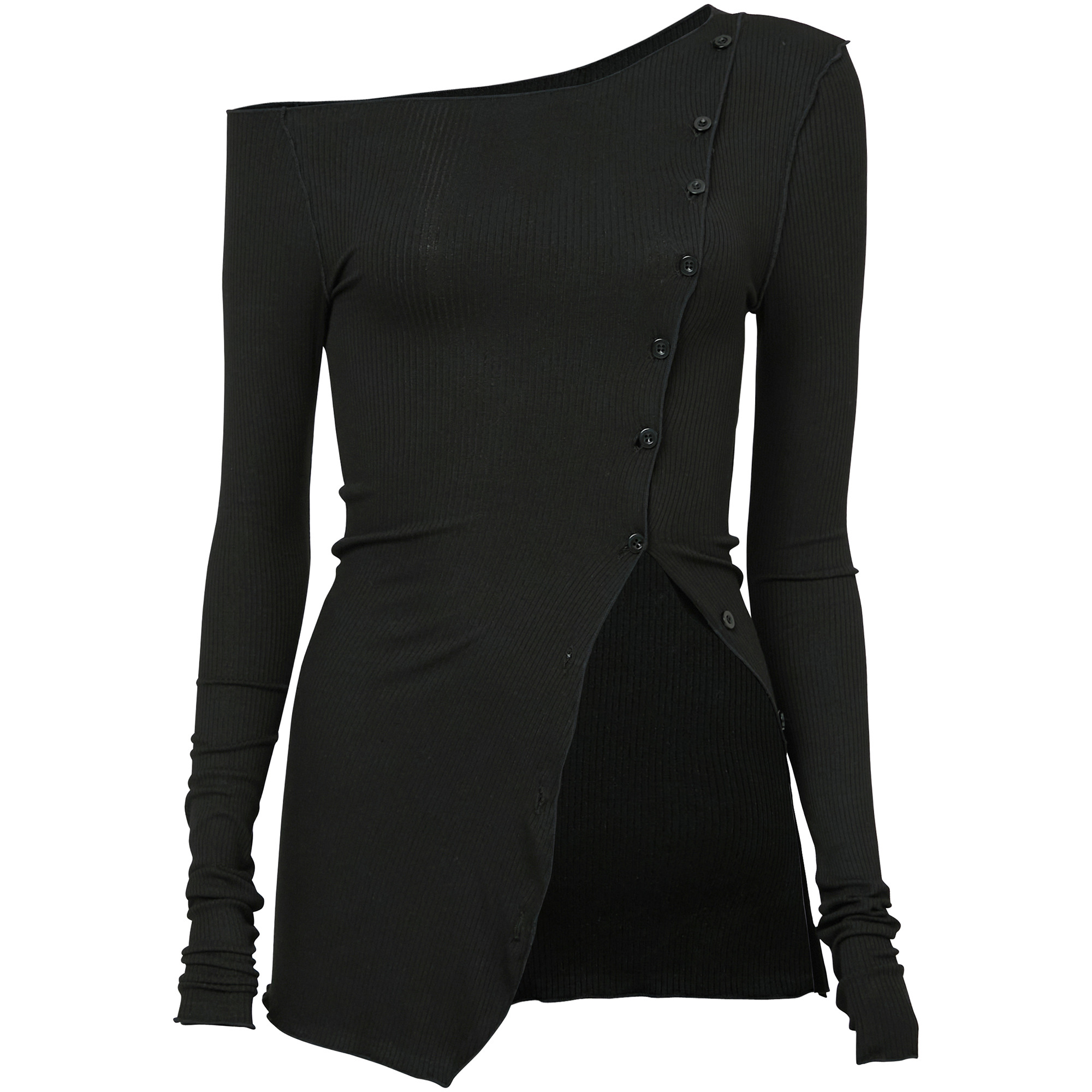 One-Shoulder Lettuce Stitch Cardigan (FL-127_Black) - HAGO(하고)