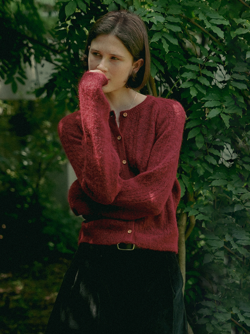 Soft round neck knit cardigan_Red - HAGO(하고)