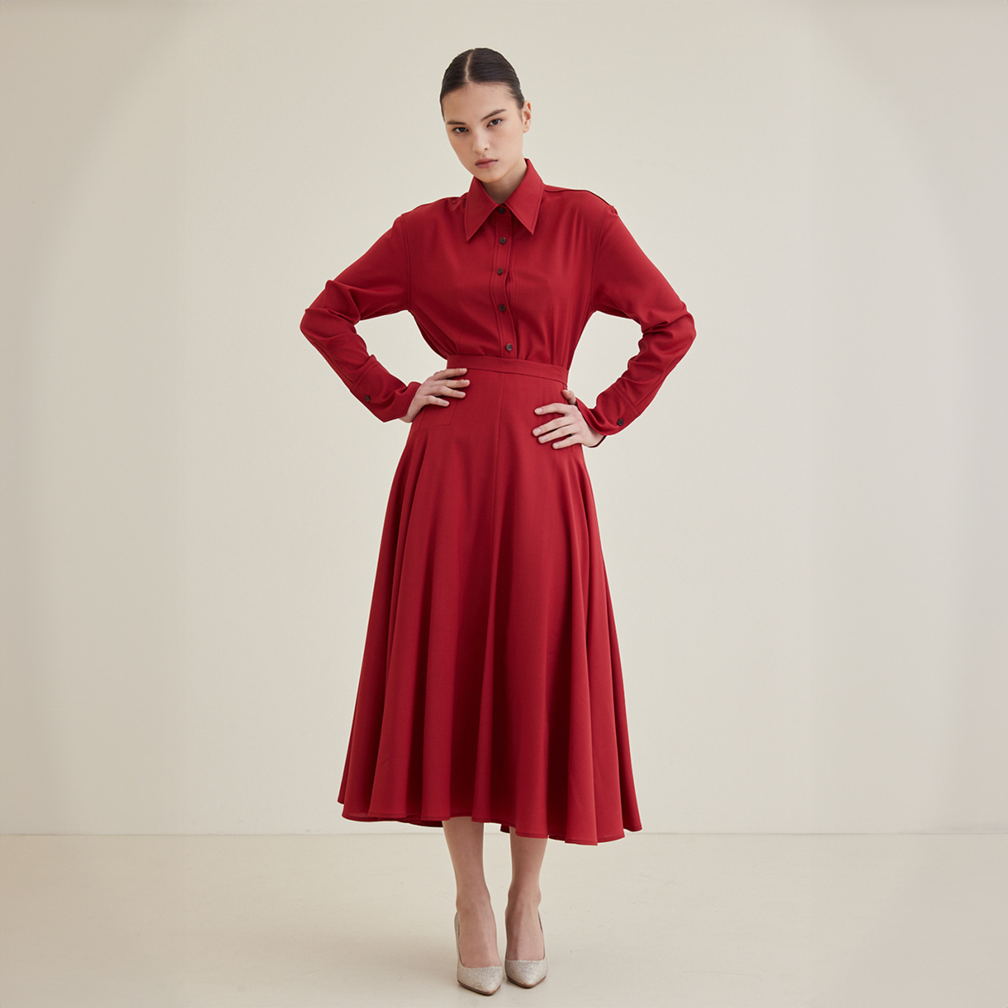 Shirring Back Detail Flare Skirt - Red - HAGO(하고)