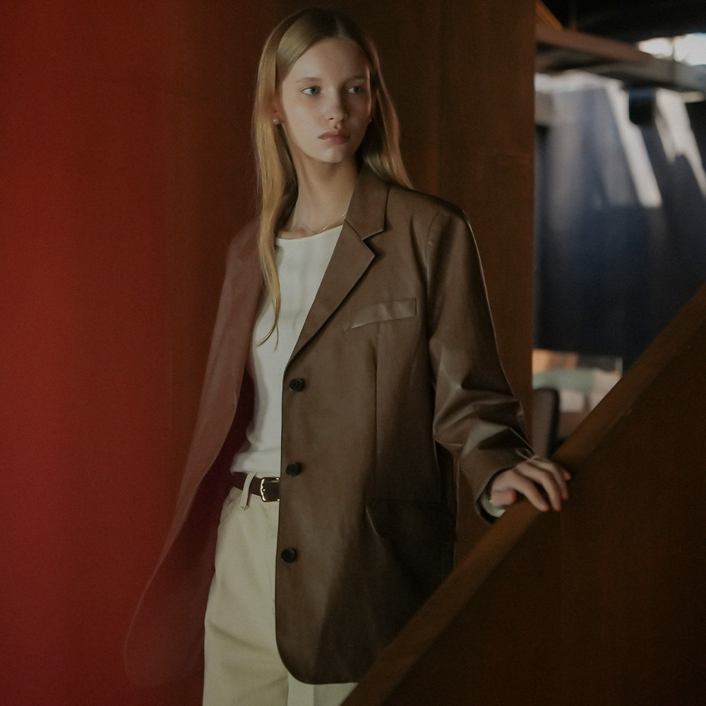 Eco leather classic three button single jacket_Light brown - 하고(HAGO)
