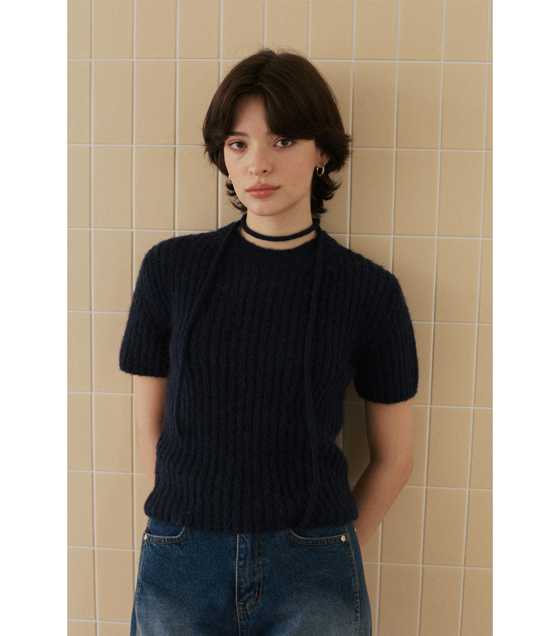 2-WAY TIE KNIT TOP_NAVY - HAGO(하고)
