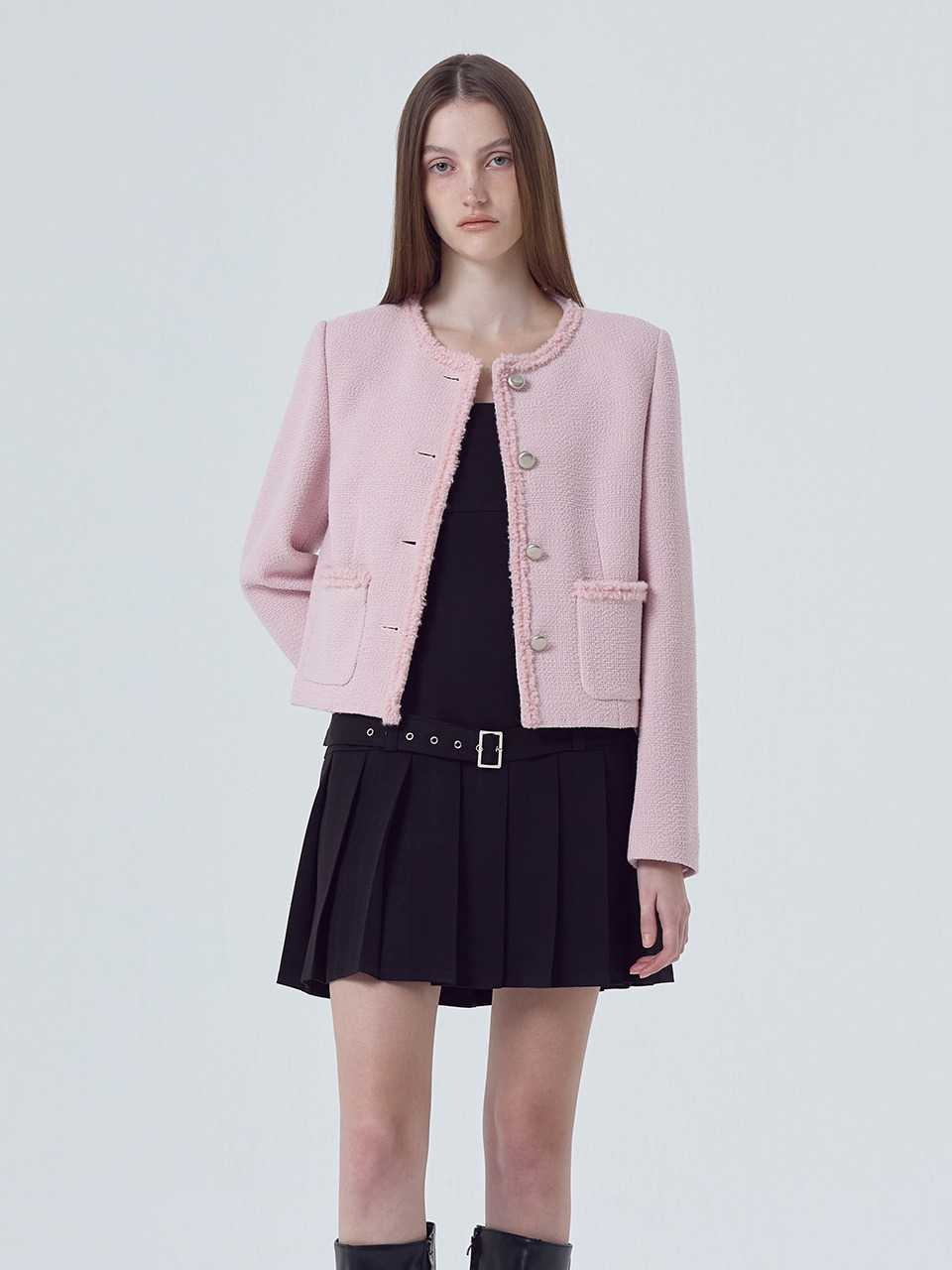 Boucle Trimmed Tweed Jacket, Pink - HAGO(하고)
