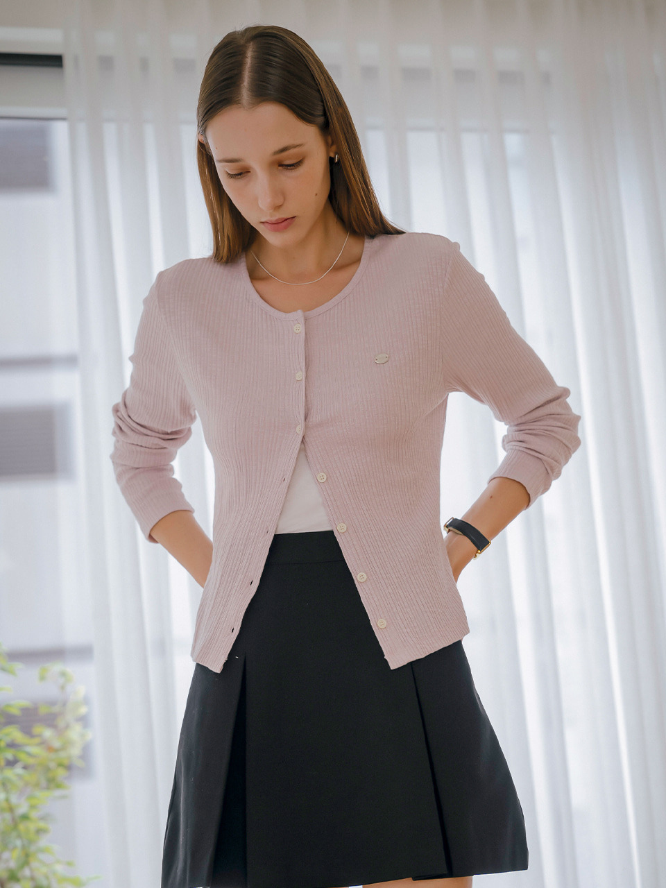Comfortable slim belt point cardigan_Pink - HAGO(하고)
