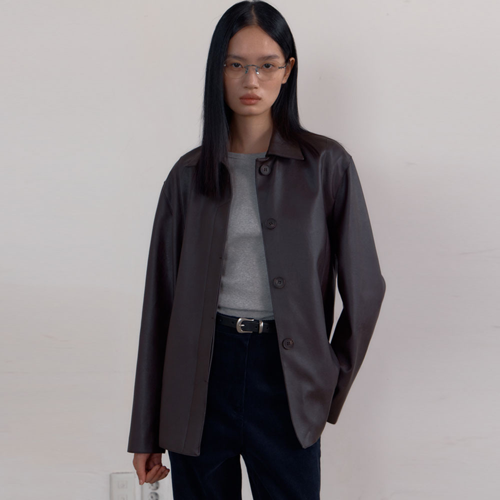 Minimal Stitch Faux Leather Jacket (Deep Brown) - 하고(HAGO)