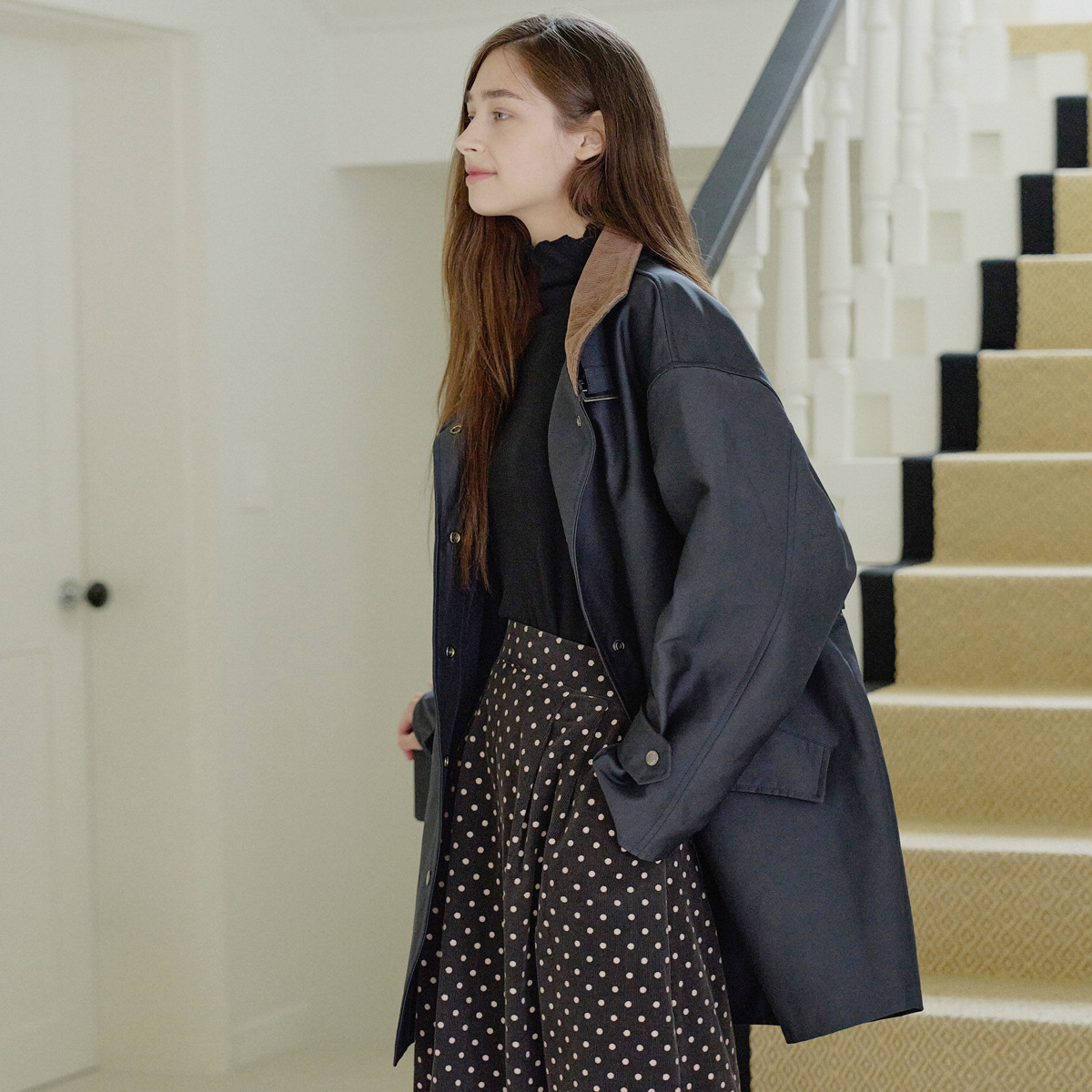 Band Neck Half Trench Jacket - NAVY - 하고(HAGO)