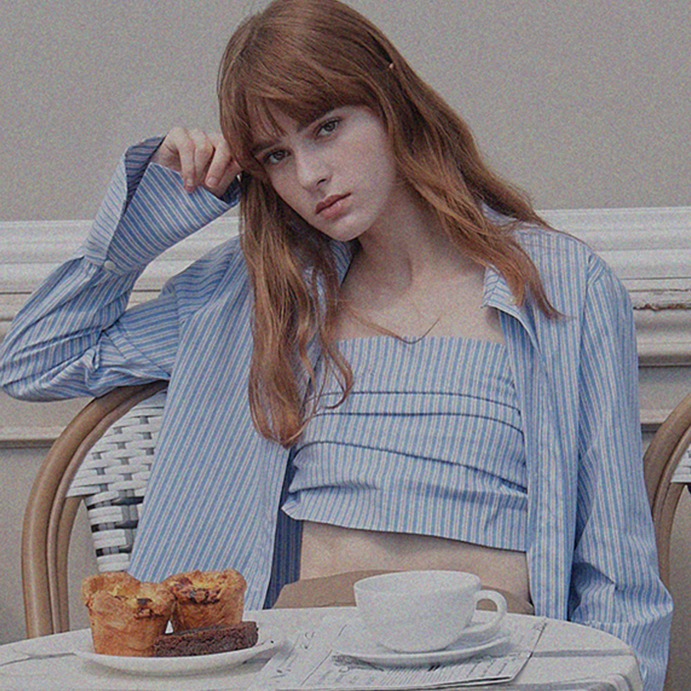 Smoking Band Bustier Shirts - Blue - HAGO(하고)