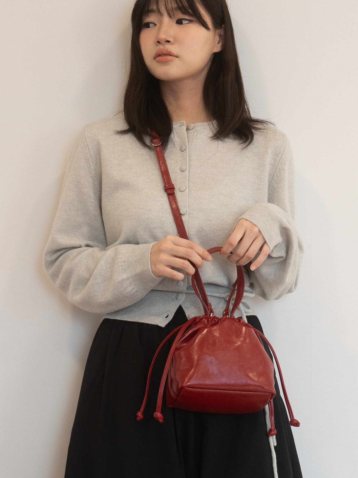 Leather Dumpling Bucket Bag - Red - HAGO(하고)
