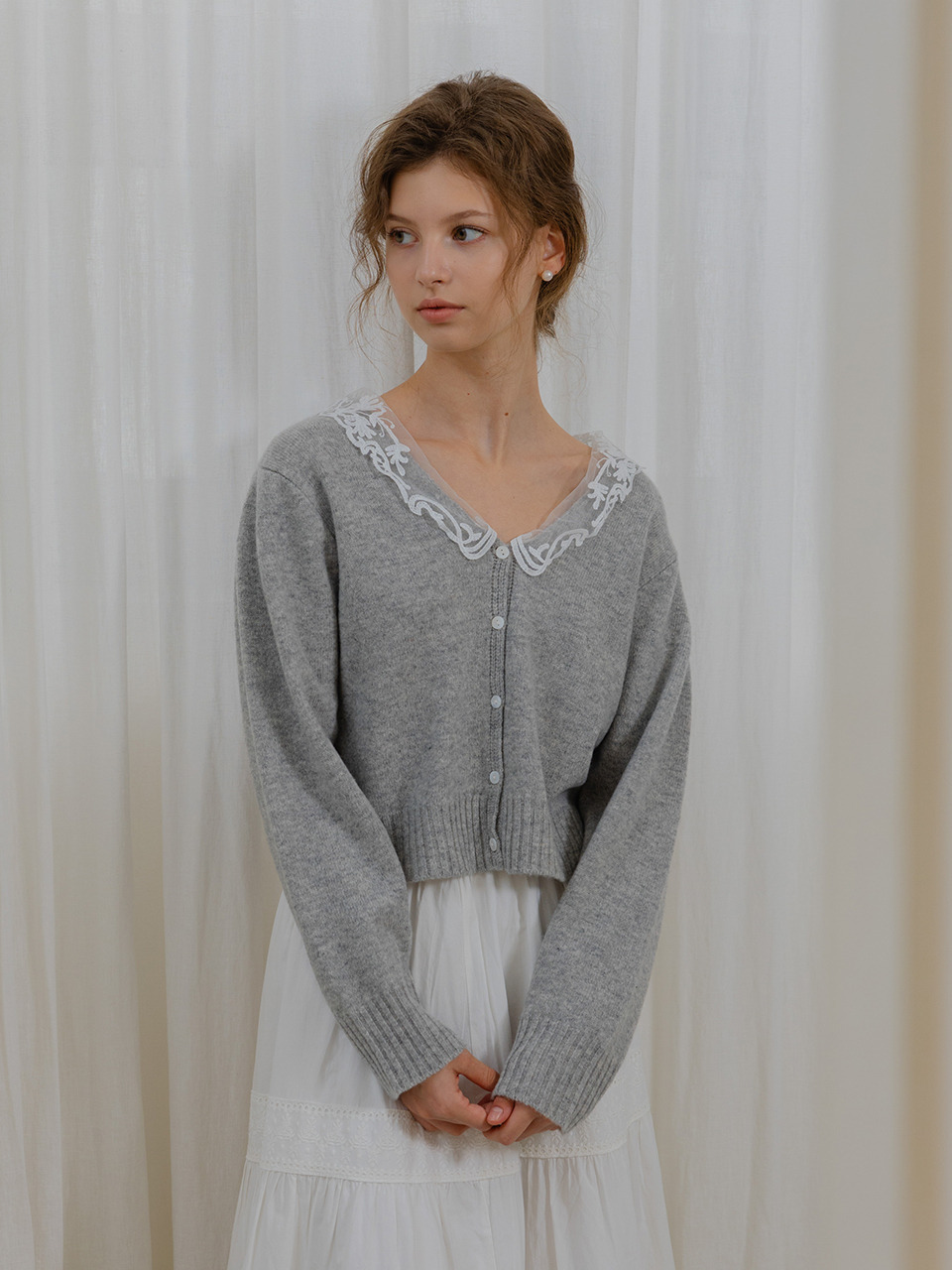 DD_Lace neck gray cardigan - HAGO(하고)