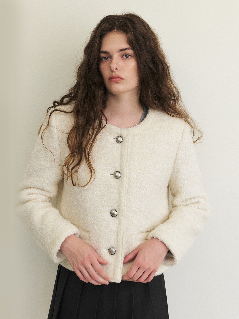 Trimmed Tweed Fur Jacket, Ivory - 하고(HAGO)