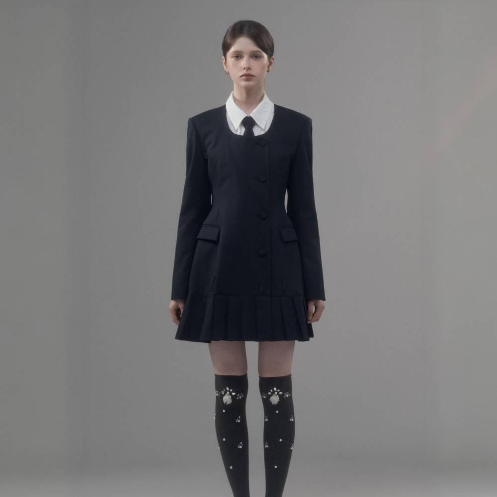 Jenn round neck pleated suit jacket dress - Navy(Long) - HAGO(하고)
